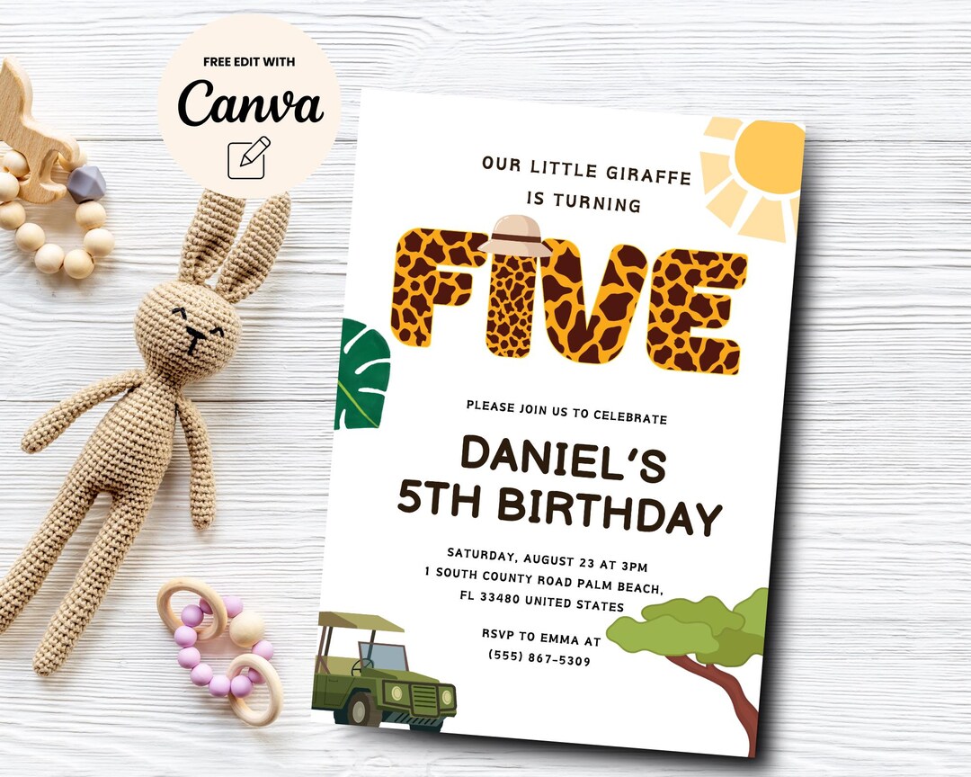Safari Giraffe 5th Birthday Invitation, Giraffe Turning Five Birthday ...