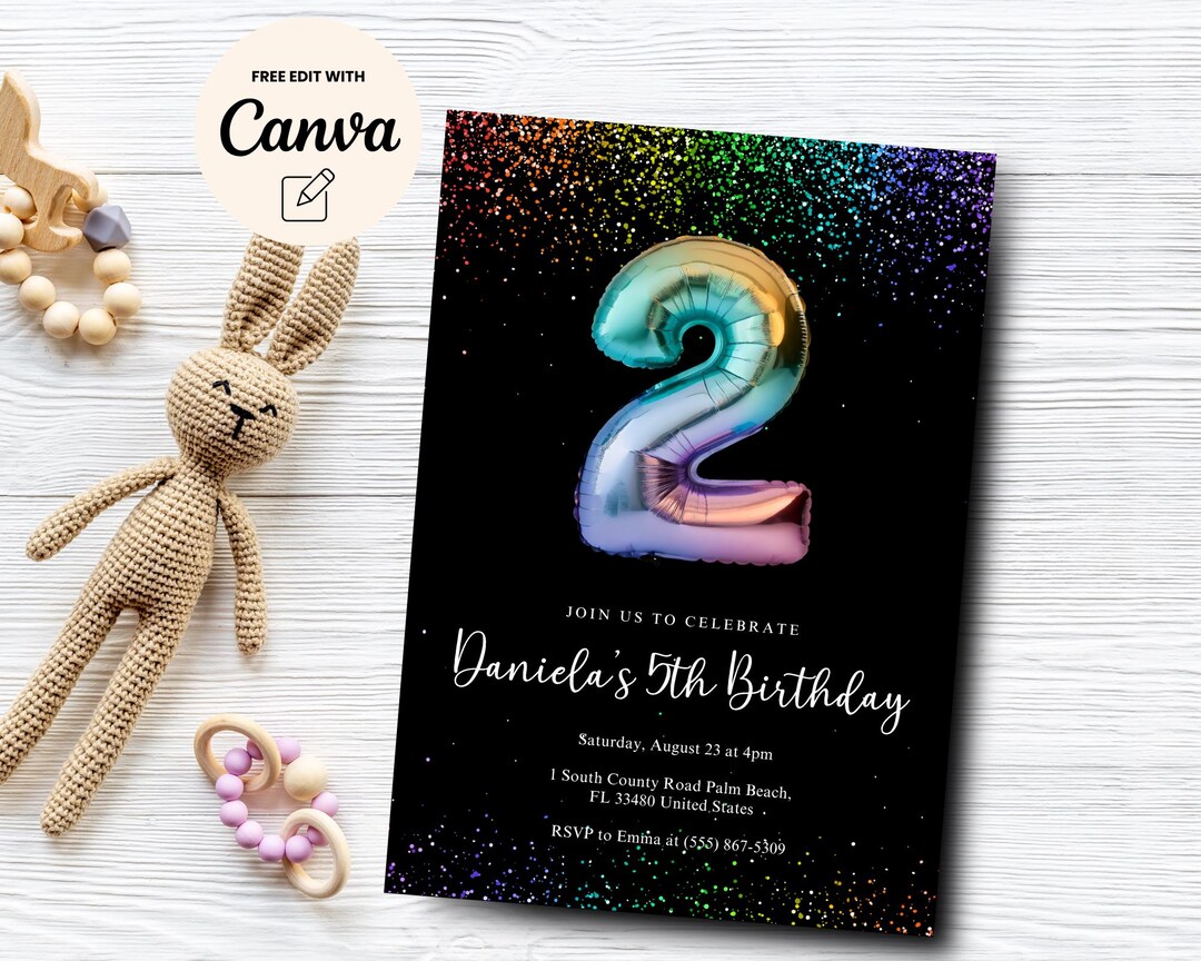 Editable 2nd Birthday Invitation, Rainbow Balloon Birthday Party Invite ...
