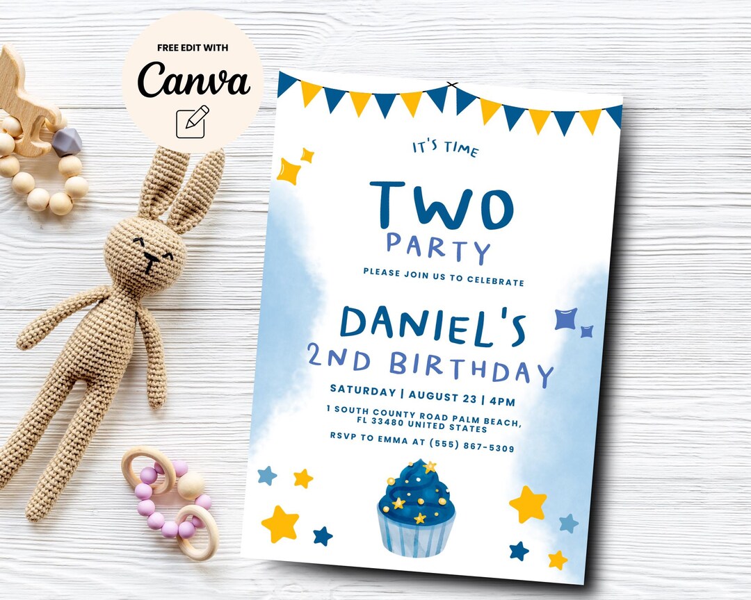 It's Time Two Party 2nd Birthday Invitation, Editable Blue Party Invite ...