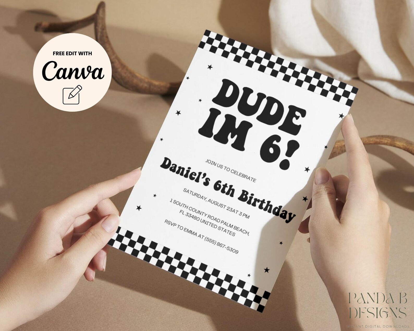 Happy Dude 6th Birthday Invitation Cool Boy Sixth Birthday, Rad Black ...