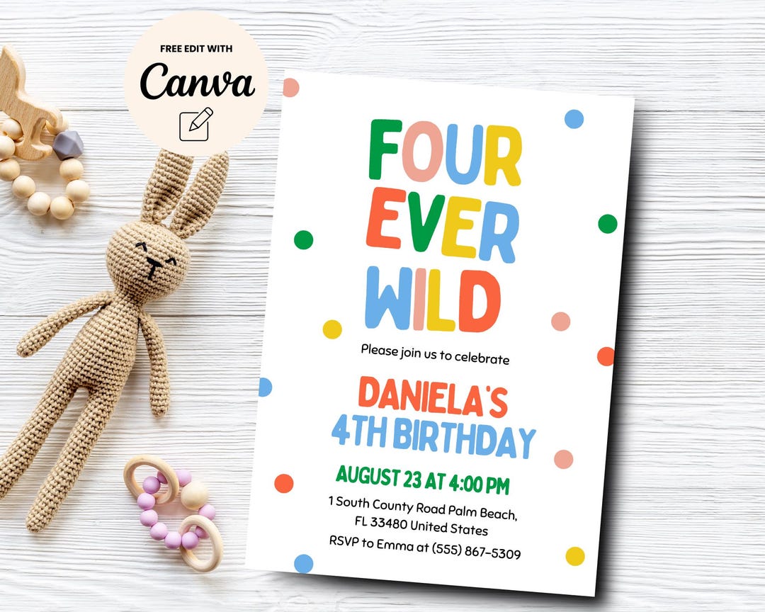 Four Ever Wild 4th Birthday Invitation, Colorful 4th Birthday, Confetti ...