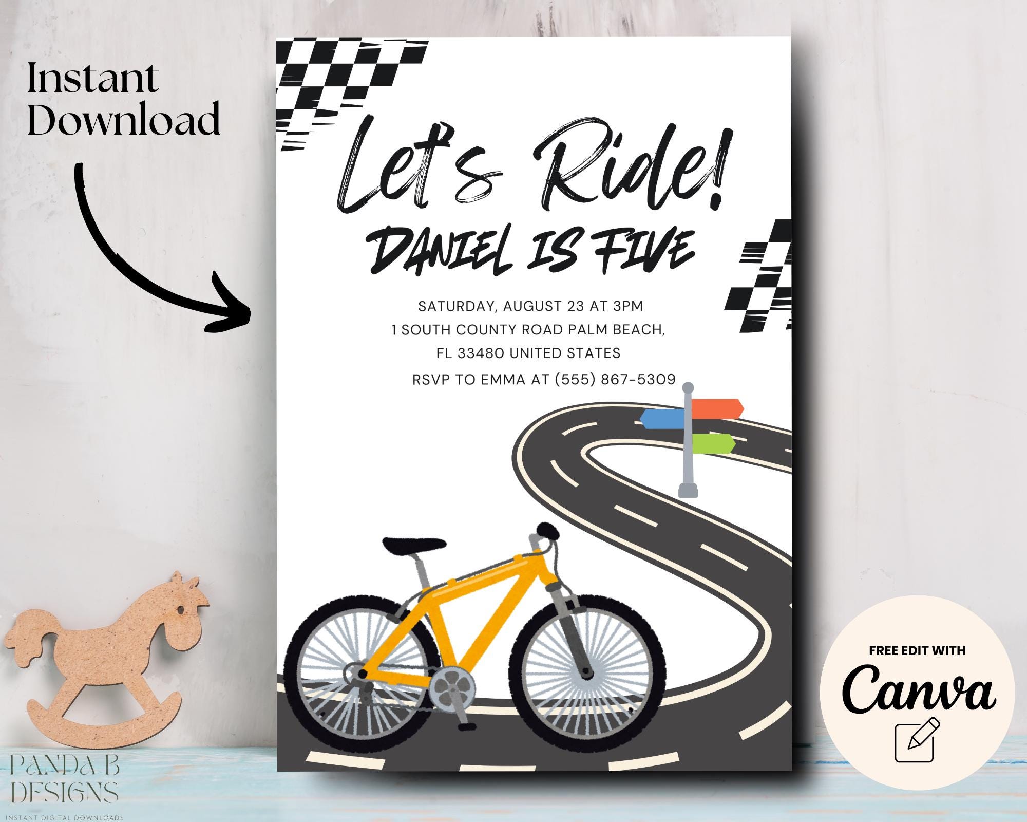 Bicycle Birthday Invitation Template, Editable Bike Let's Ride Birthday ...