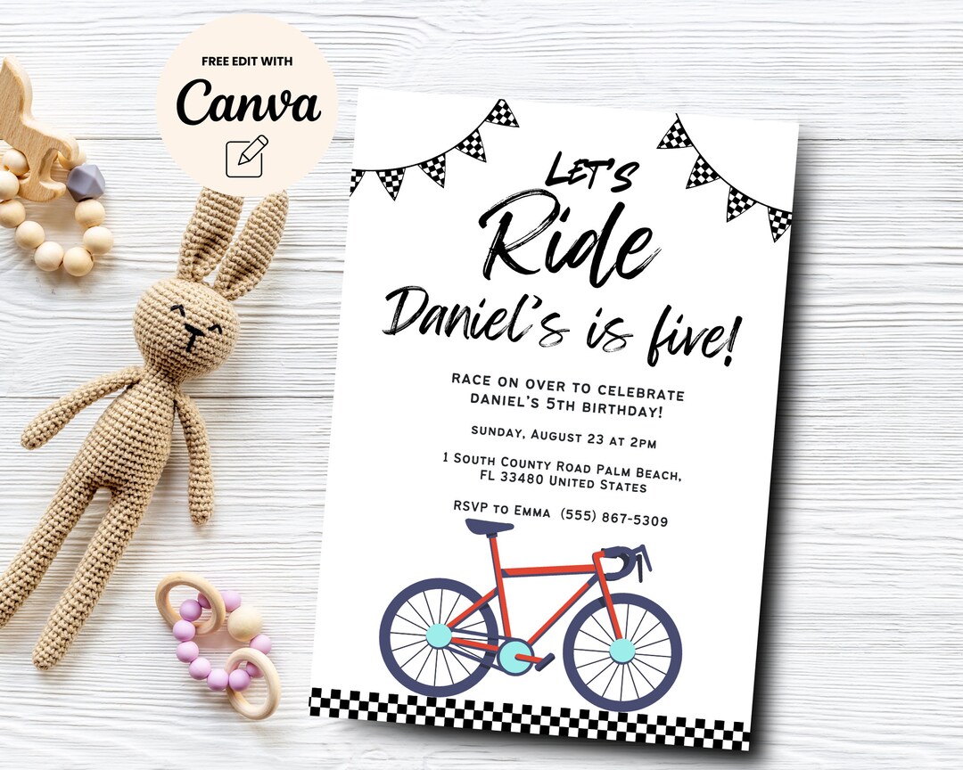 Bicycle Birthday Invitation Template, Editable Bike Let's Ride Birthday ...