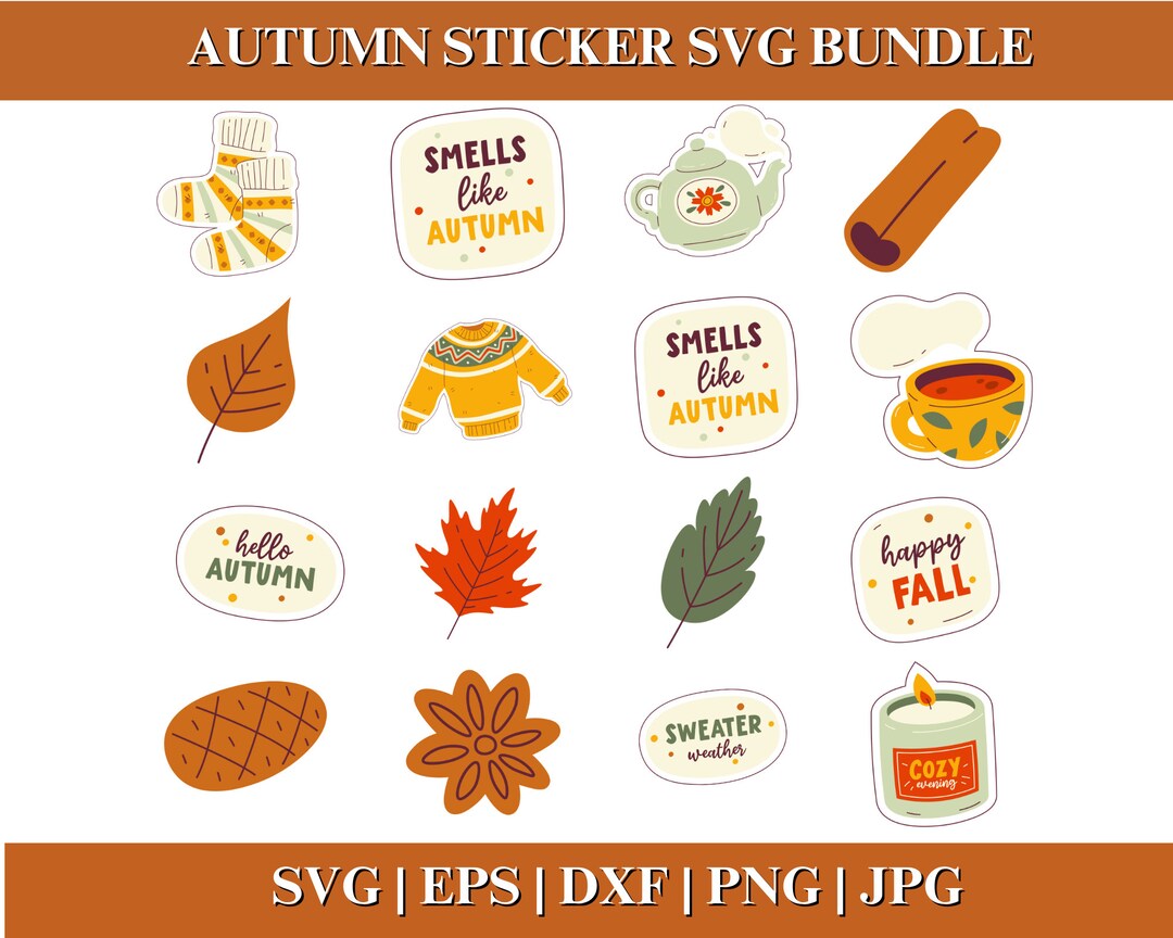 Autumn Stickers SVG Bundle, Fall Clipart PNG, Fall Leaf Clipart Bundle ...