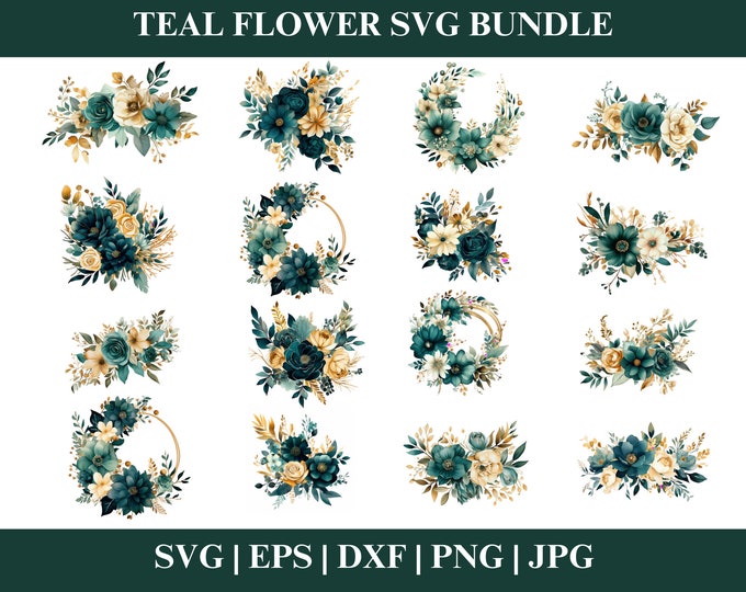 Watercolor Teal and Gold Floral Clipart - Flowers and Leaves in PNG ...