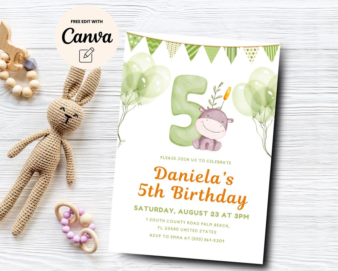Hippo 5th Birthday Party Invitation, Green Jungle Safari Animals ...