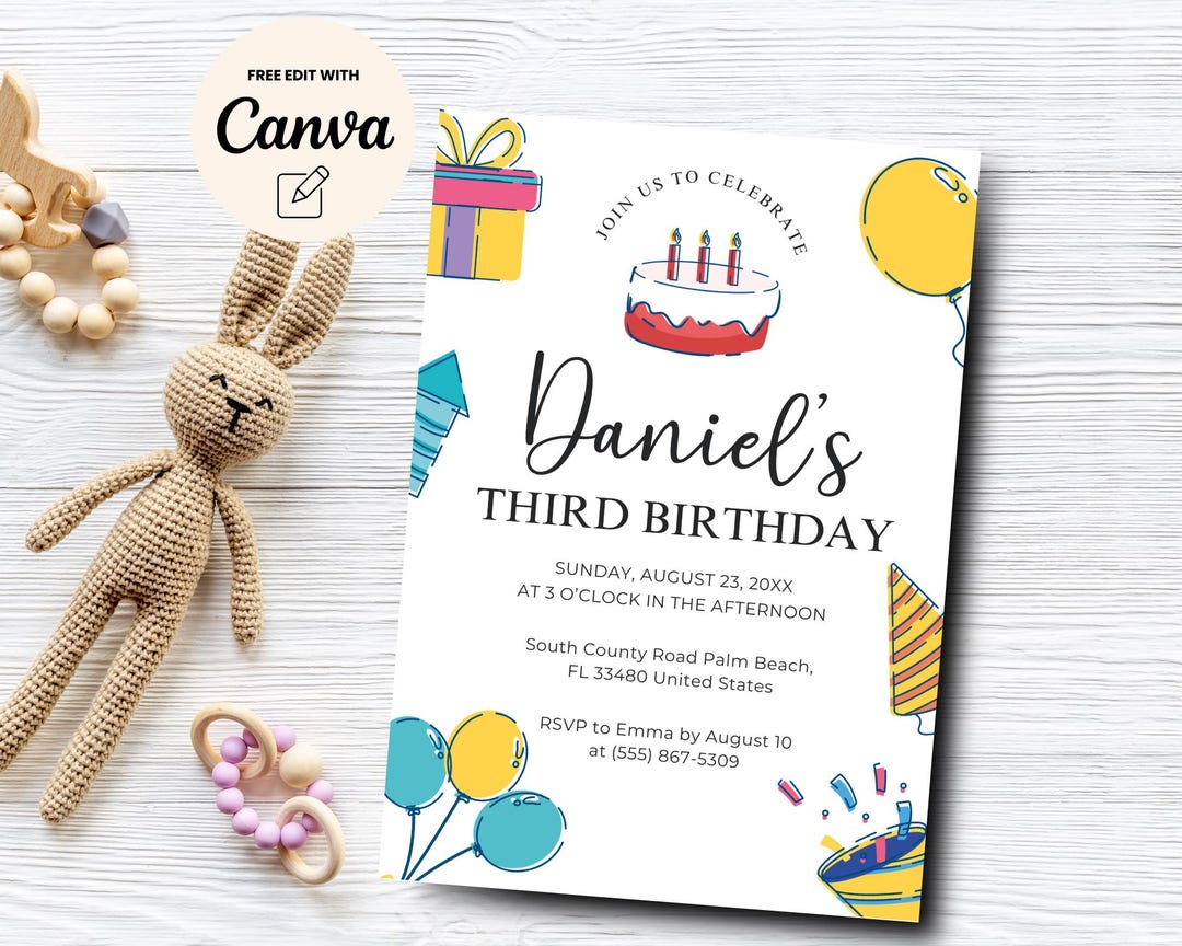 Editable 3rd Birthday Party Invitation, Cake 3rd Birthday Invite ...