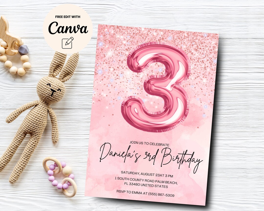 Pink 3rd Birthday Invitation, Glitter Birthday Party Invite, Balloon ...