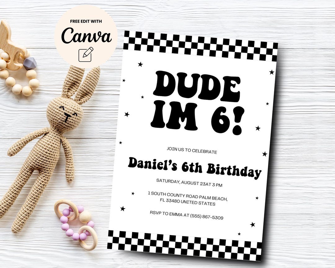 Happy Dude 6th Birthday Invitation Cool Boy Sixth Birthday, Rad Black ...