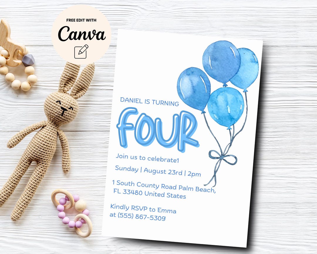 Editable 4th Birthday Party Invitation, Fourth Balloons Birthday Invite ...