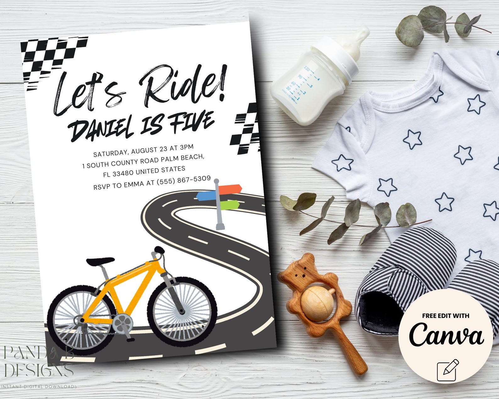 Bicycle Birthday Invitation Template, Editable Bike Let's Ride Birthday ...