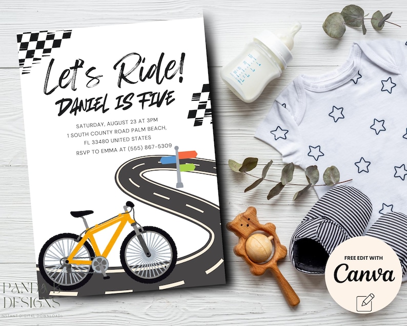 Bicycle Birthday Invitation Template, Editable Bike Let's Ride Birthday ...
