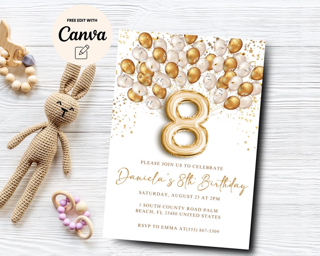 Editable Gold 8th Birthday Invitation, Gold 8th Birthday, Glitter ...