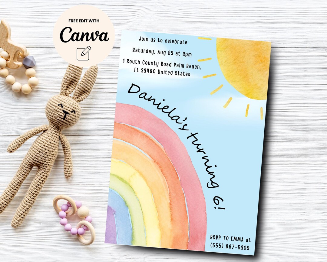 Rainbow 6th Birthday Party Invitation Template, Editable Colorful Party ...