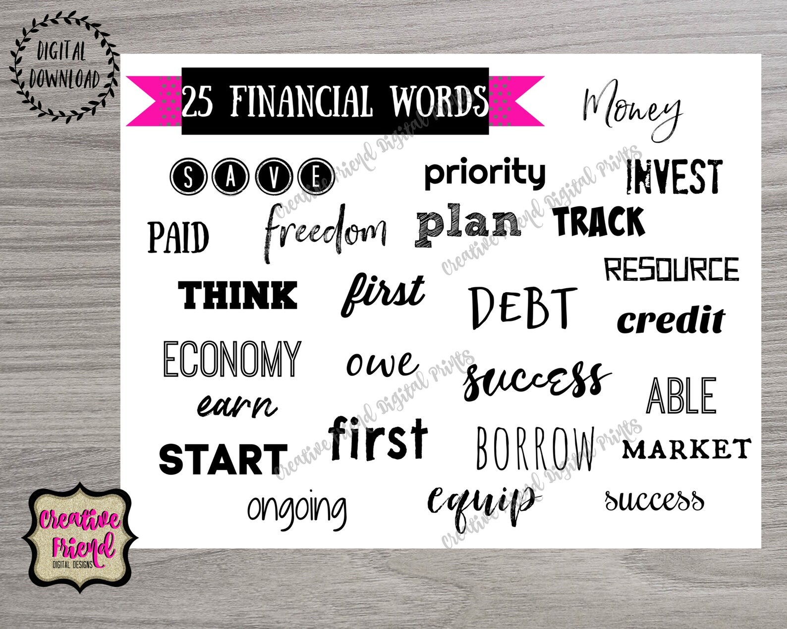 Vision Board Financial Words | Printable DIY Cards (digital Download ...