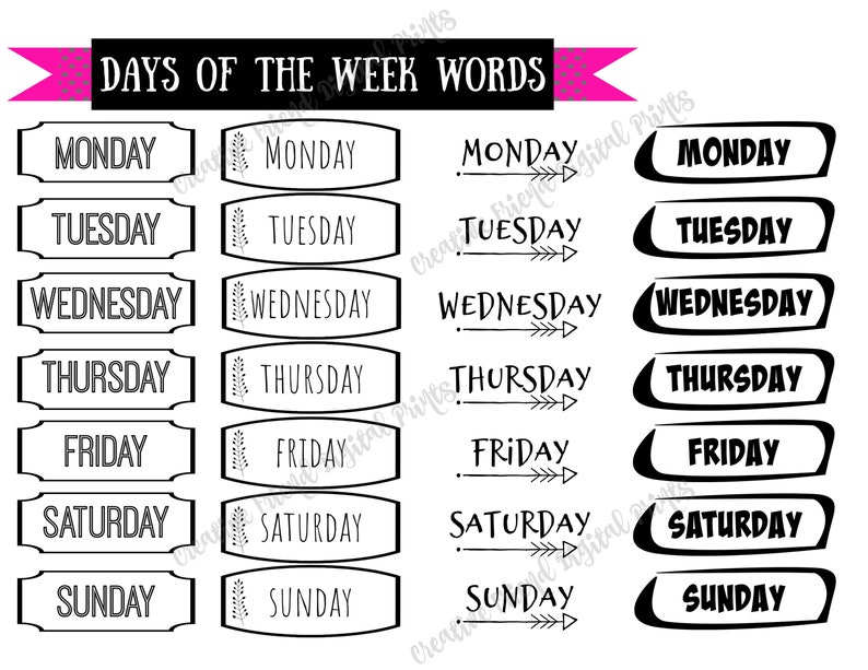Days of the Week Digital Words | Journal Words | Planner Words ...