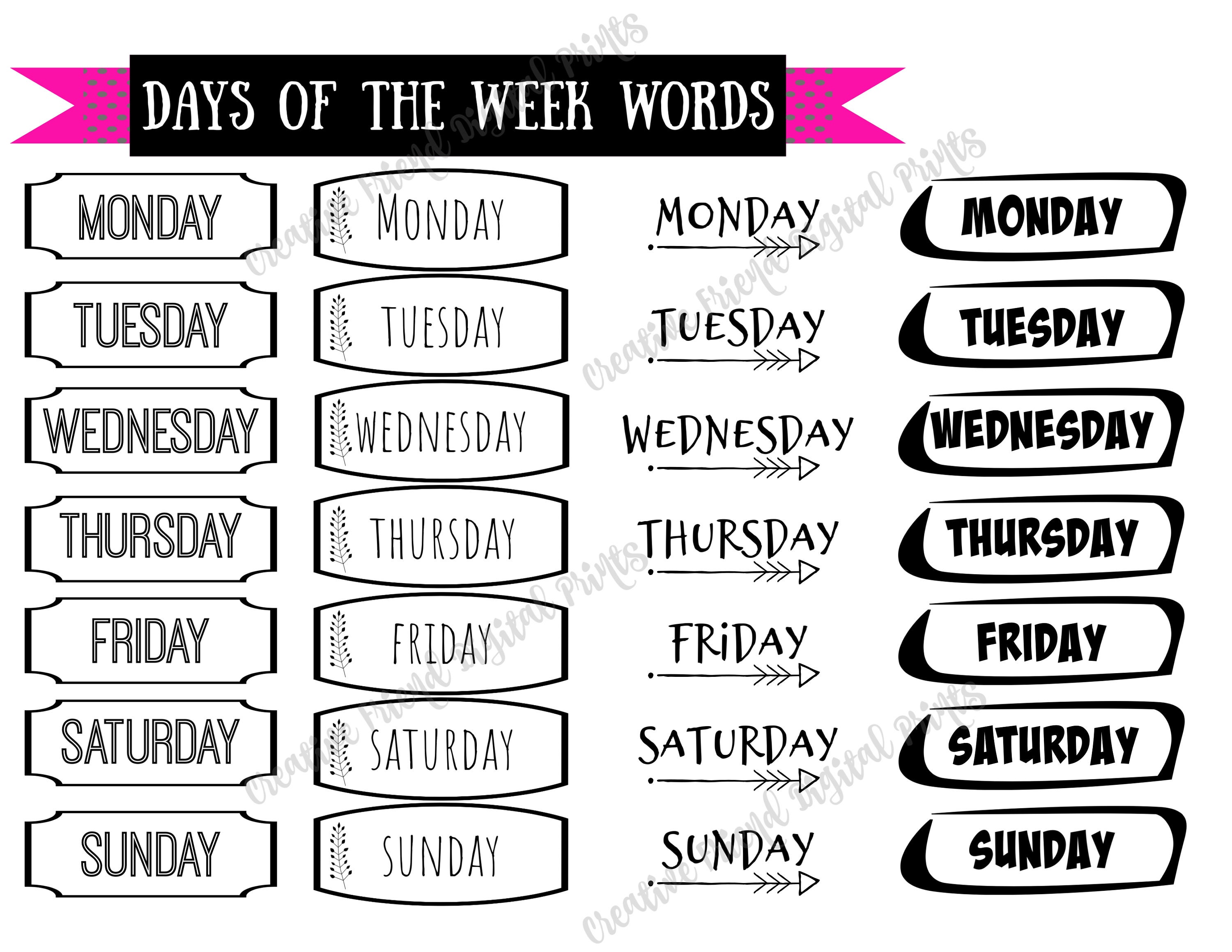 Days of the Week Digital Words | Journal Words | Planner Words ...