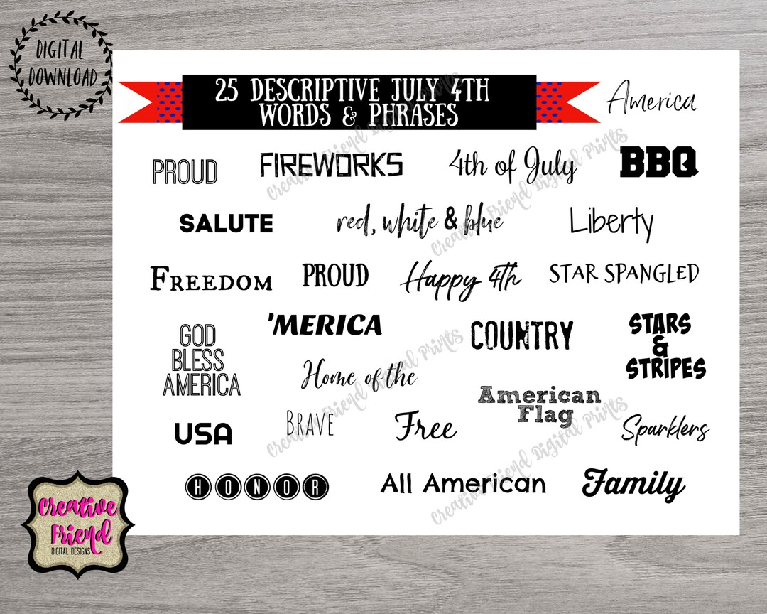 July 4 Words & Phrases | Digital Words | Printables | Independence Day ...