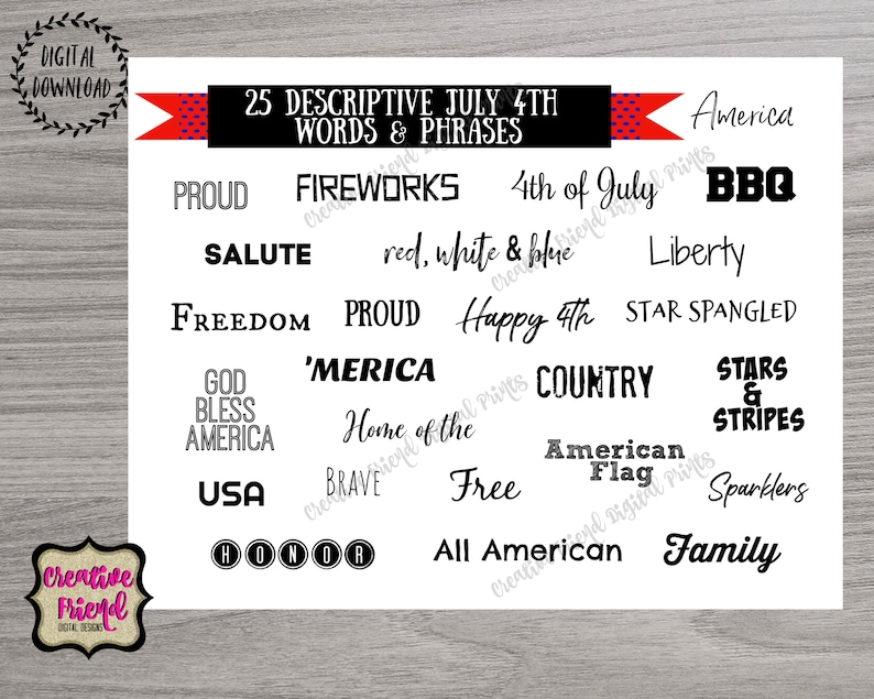July 4th Words & Phrases | Independence Day Printables (PDF, JPG) - Etsy
