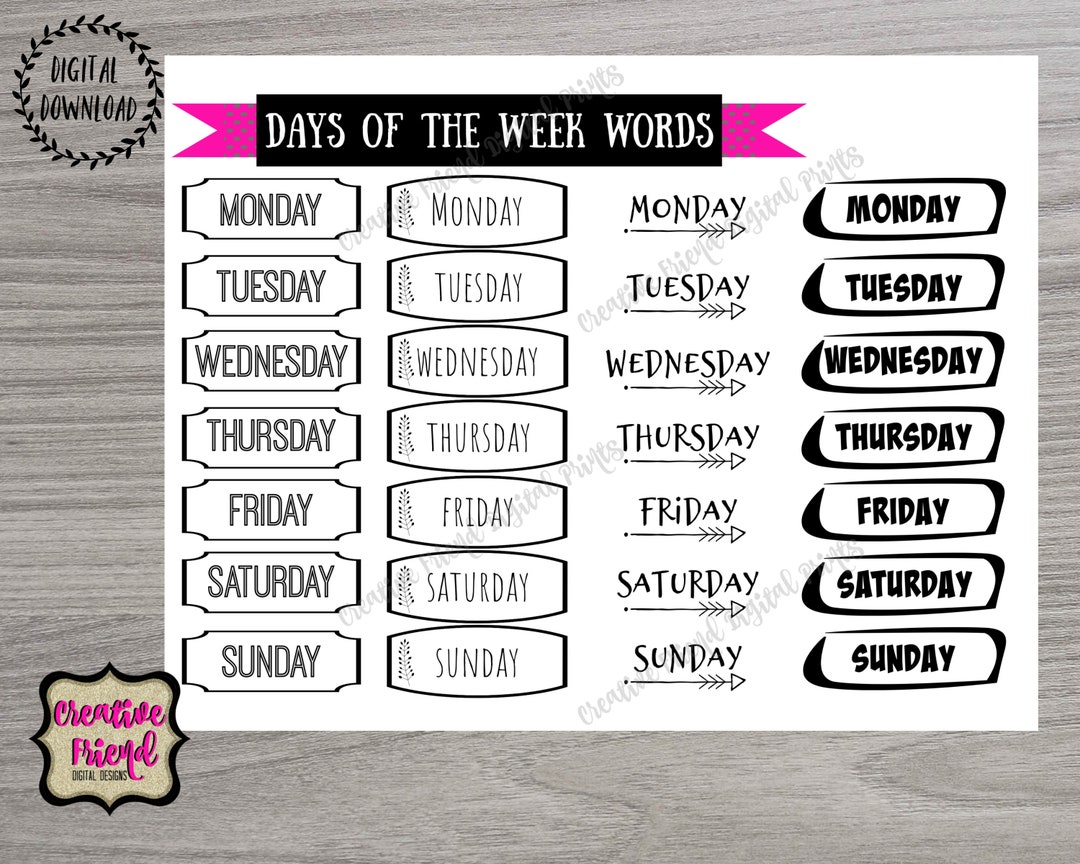 Days of the Week Digital Words | Journal Words | Planner Words ...