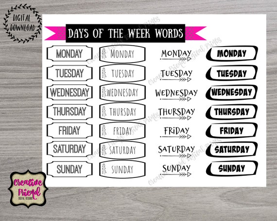 Days of the Week Digital Words Journal Words Planner Words | Etsy