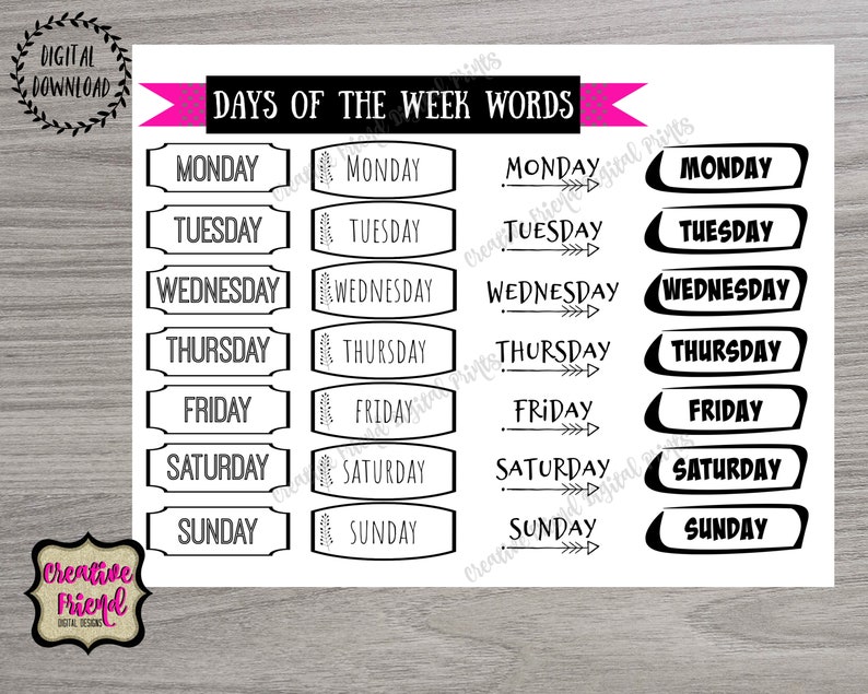 Days of the Week Digital Words | Journal Words | Planner Words ...