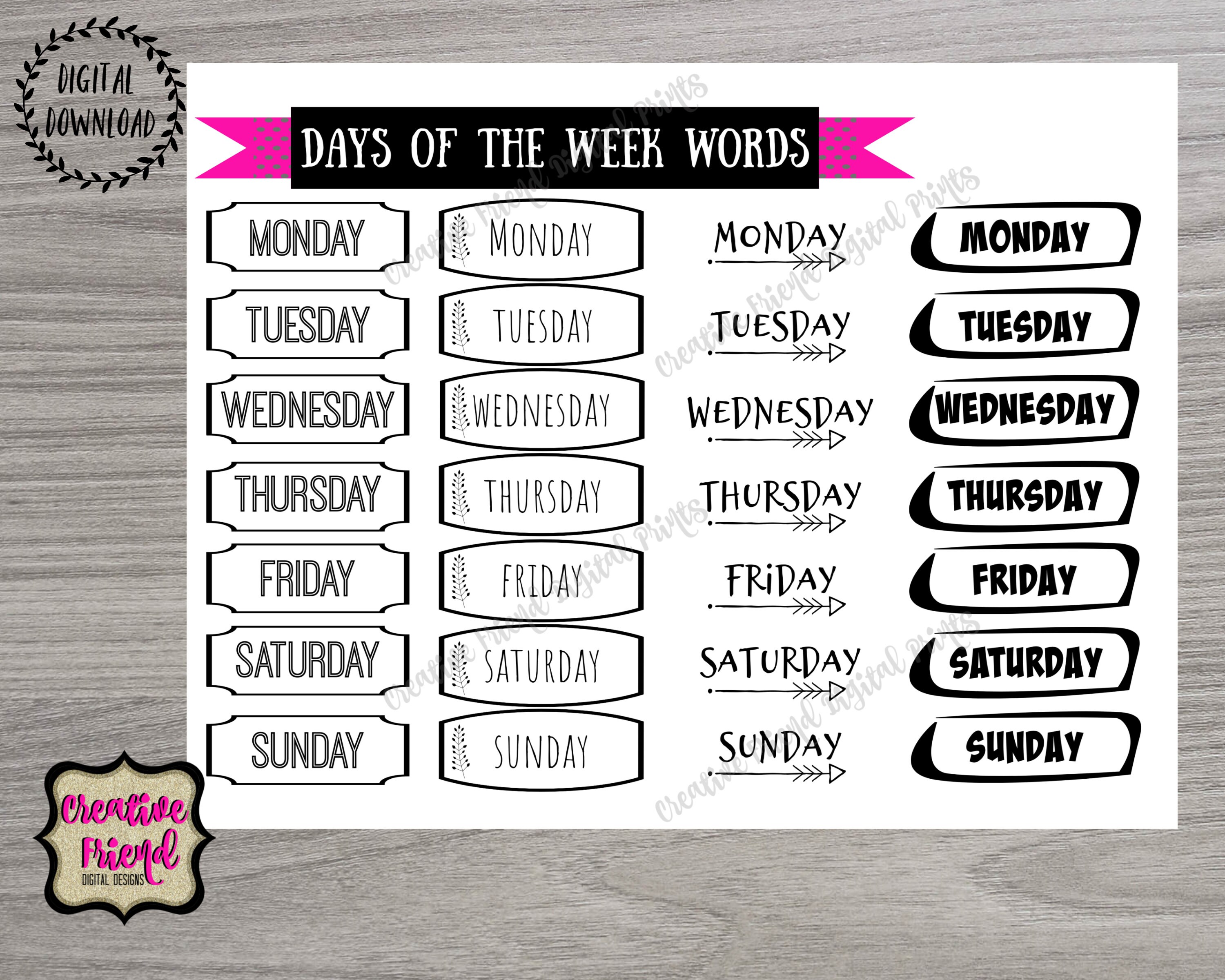 Days of the Week Digital Words | Journal Words | Planner Words ...