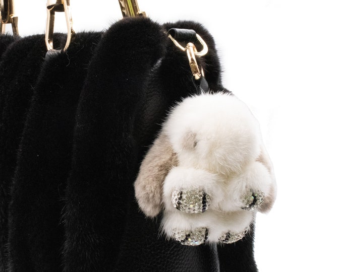 White Mink Bunny Rabbit Furry Keychain - Fluffy Bunny With Sparkly ...