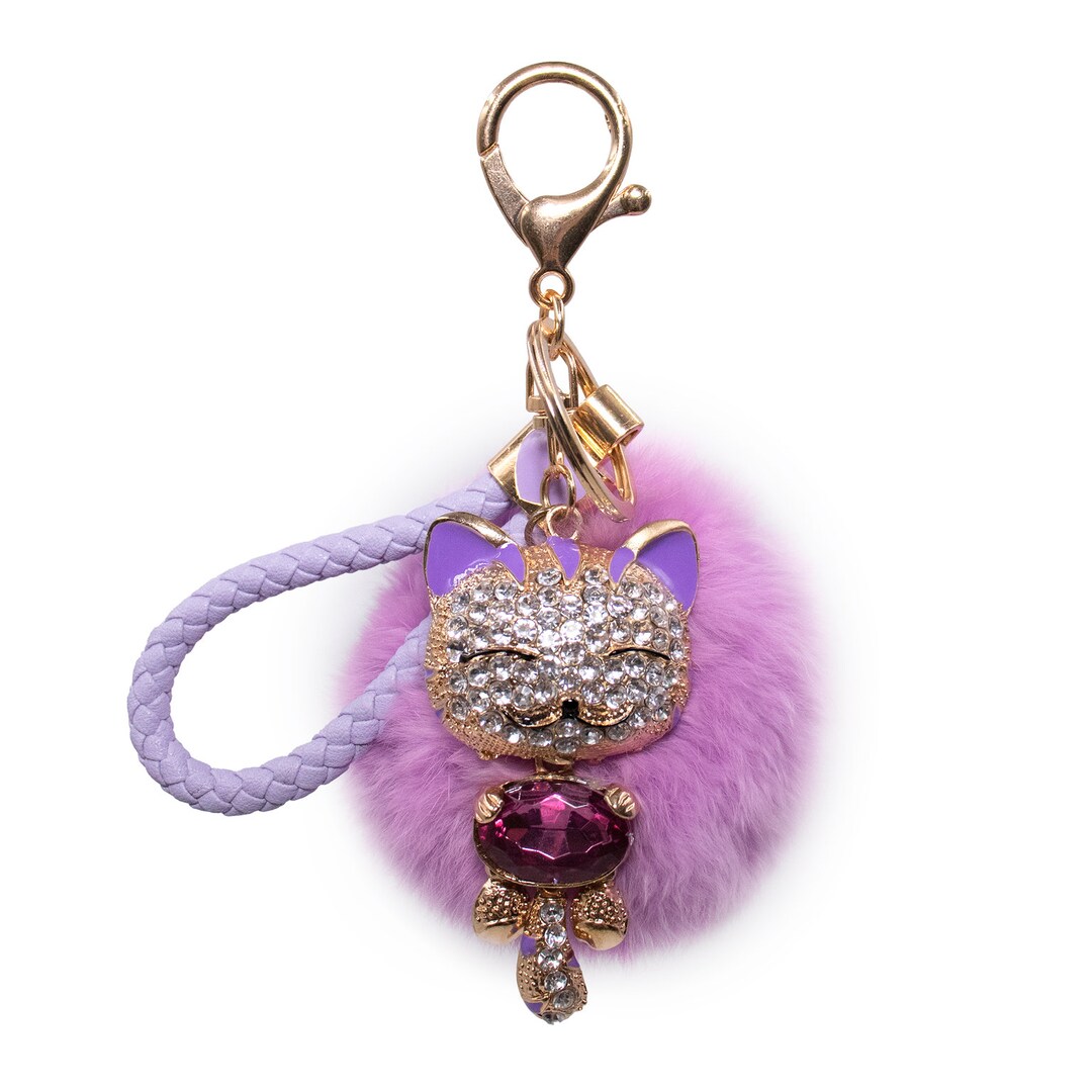 Cute Cat Furry Bling Keychain - Genuine Rex Fur Keychain - Luxury ...