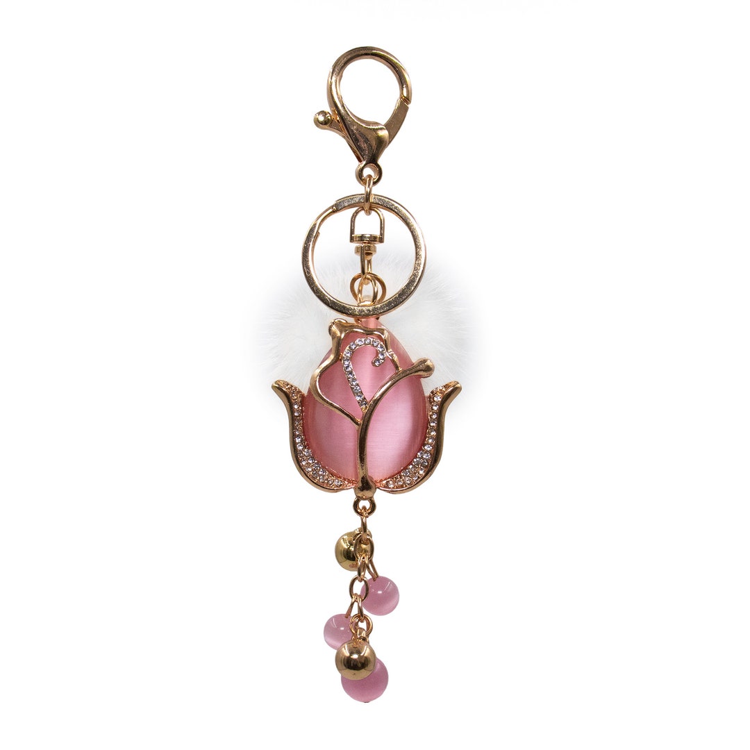 Bling Rose Keychain With Mink Fur Pom- Luxury Purse, Backpack and Key ...