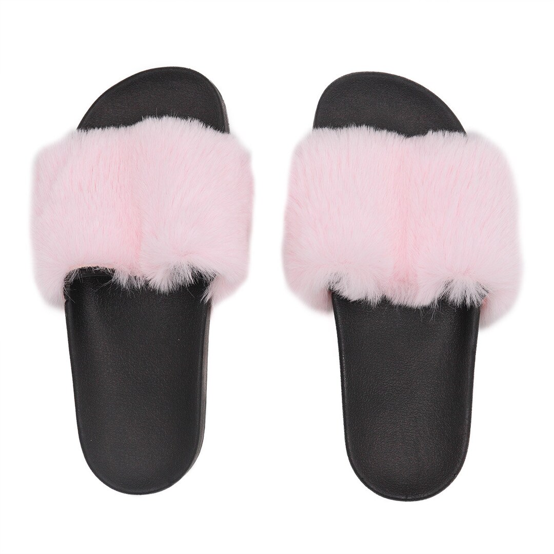 Women's Faux Rex Rabbit Fur Slides - Comfort Faux Fur Slipper ...