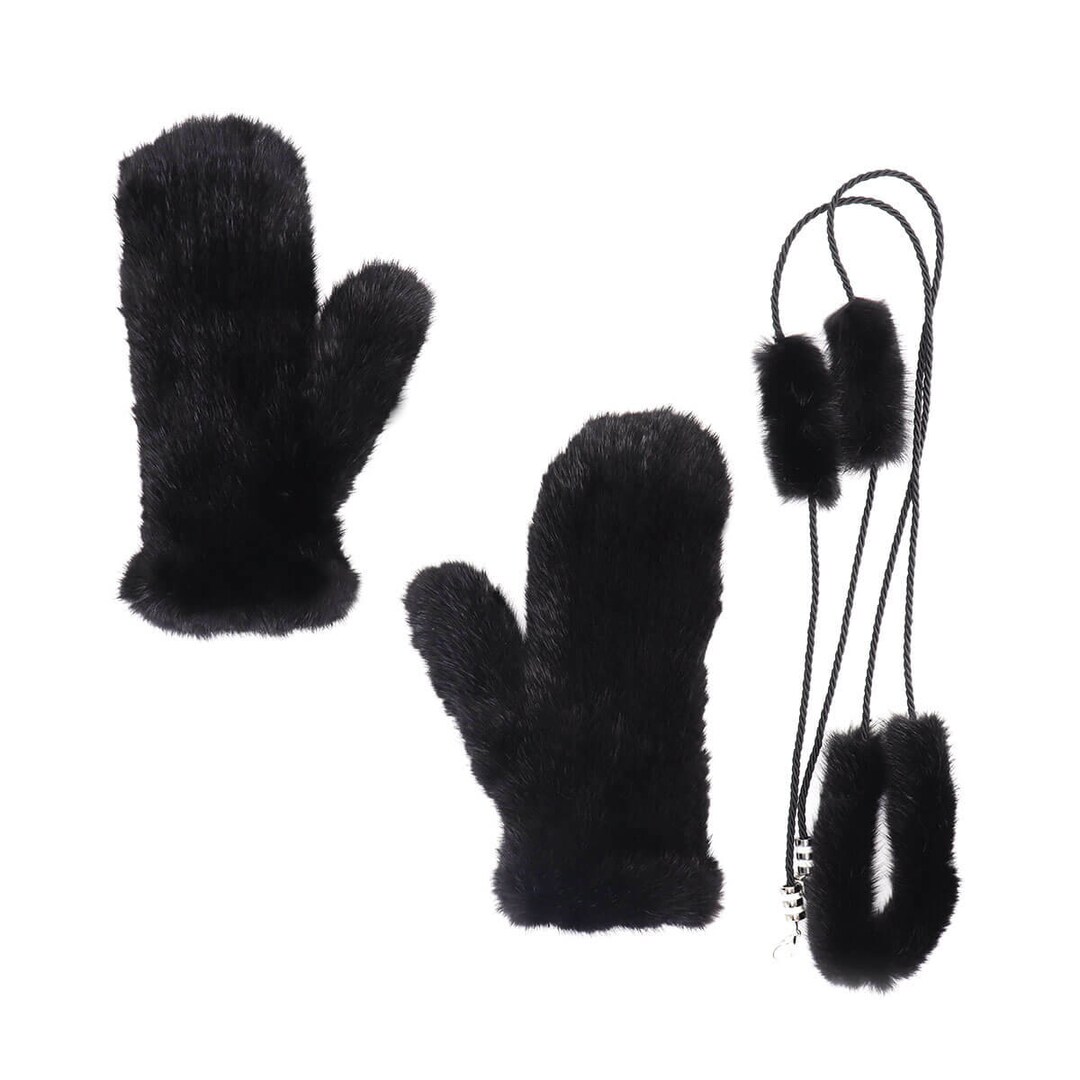 Real Mink Fur Textile Knit Mittens W Removable String - Women's Luxury ...