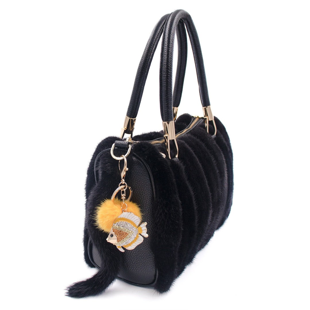 Sparkly Sunfish Keychain With Real Mink Fur Pom - Cute Yellow Blue ...