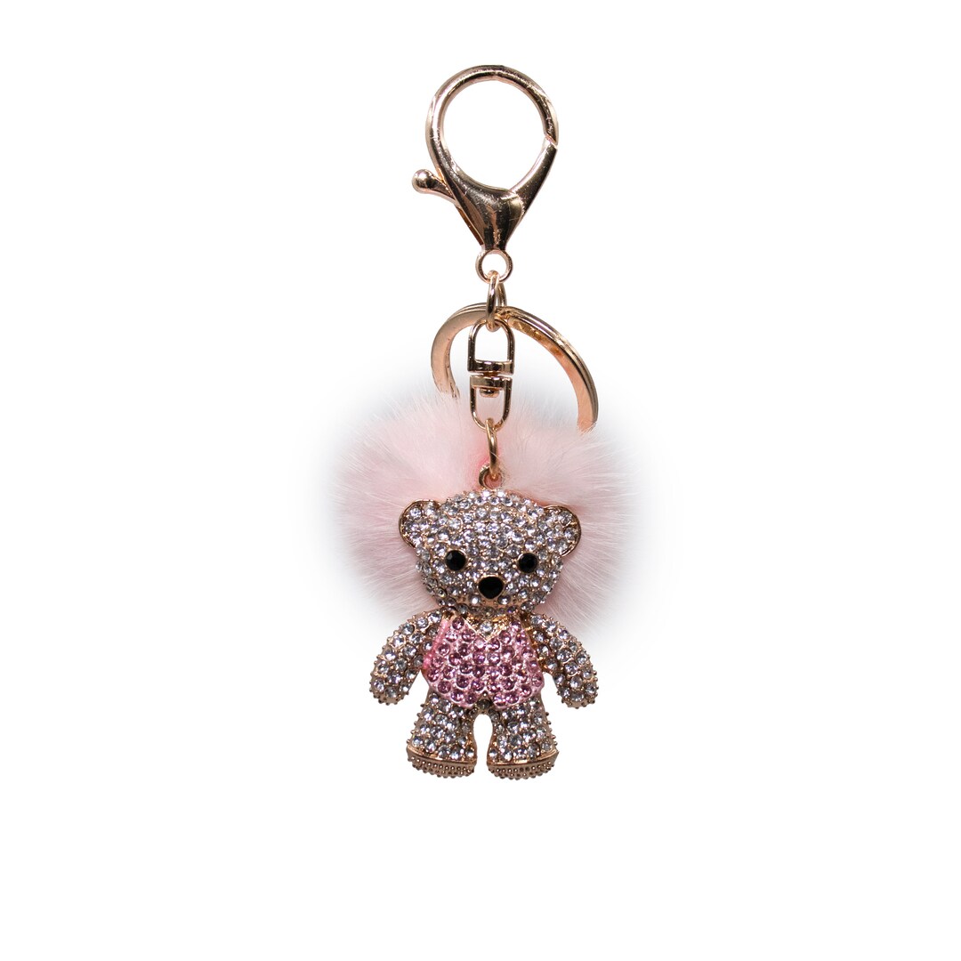 Teddy Bear Keychain Mink Fur Pom - Bling Colorful Bear Charm - Luxury ...