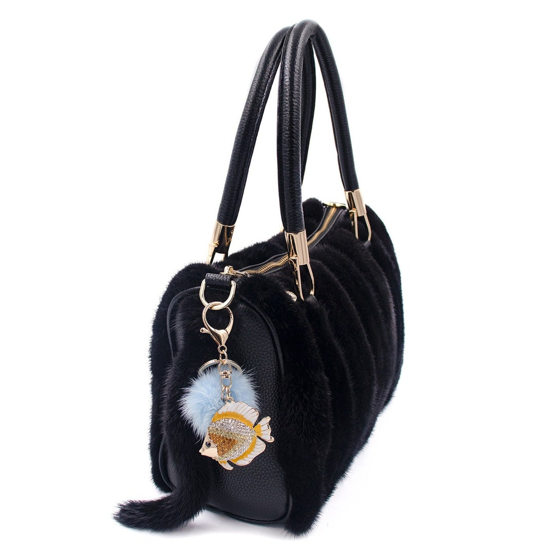 Sparkly Sunfish Keychain With Real Mink Fur Pom - Cute Yellow Blue ...