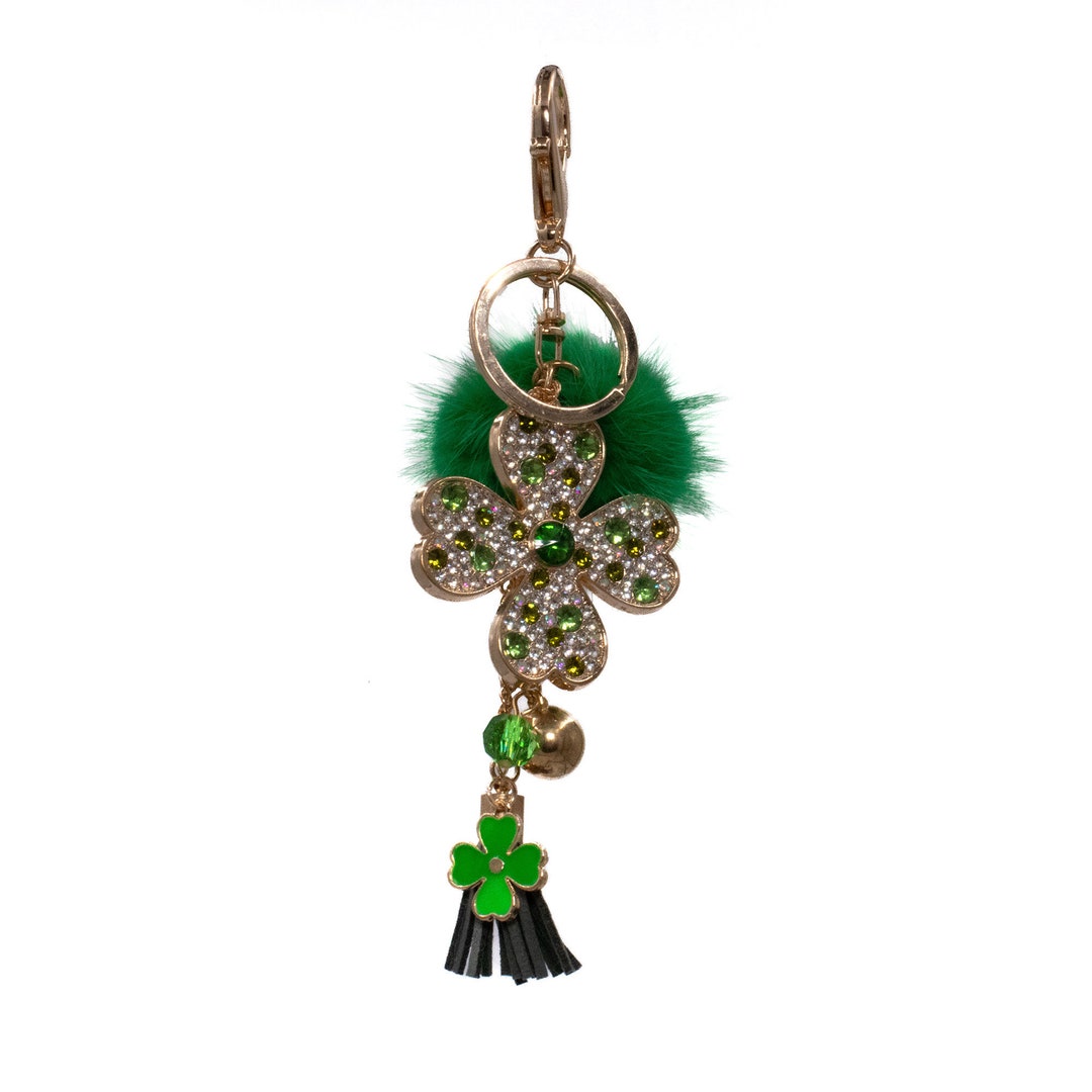 Bling Lucky Shamrock Keychain With Mink Pom - Luxury Purse Charm ...