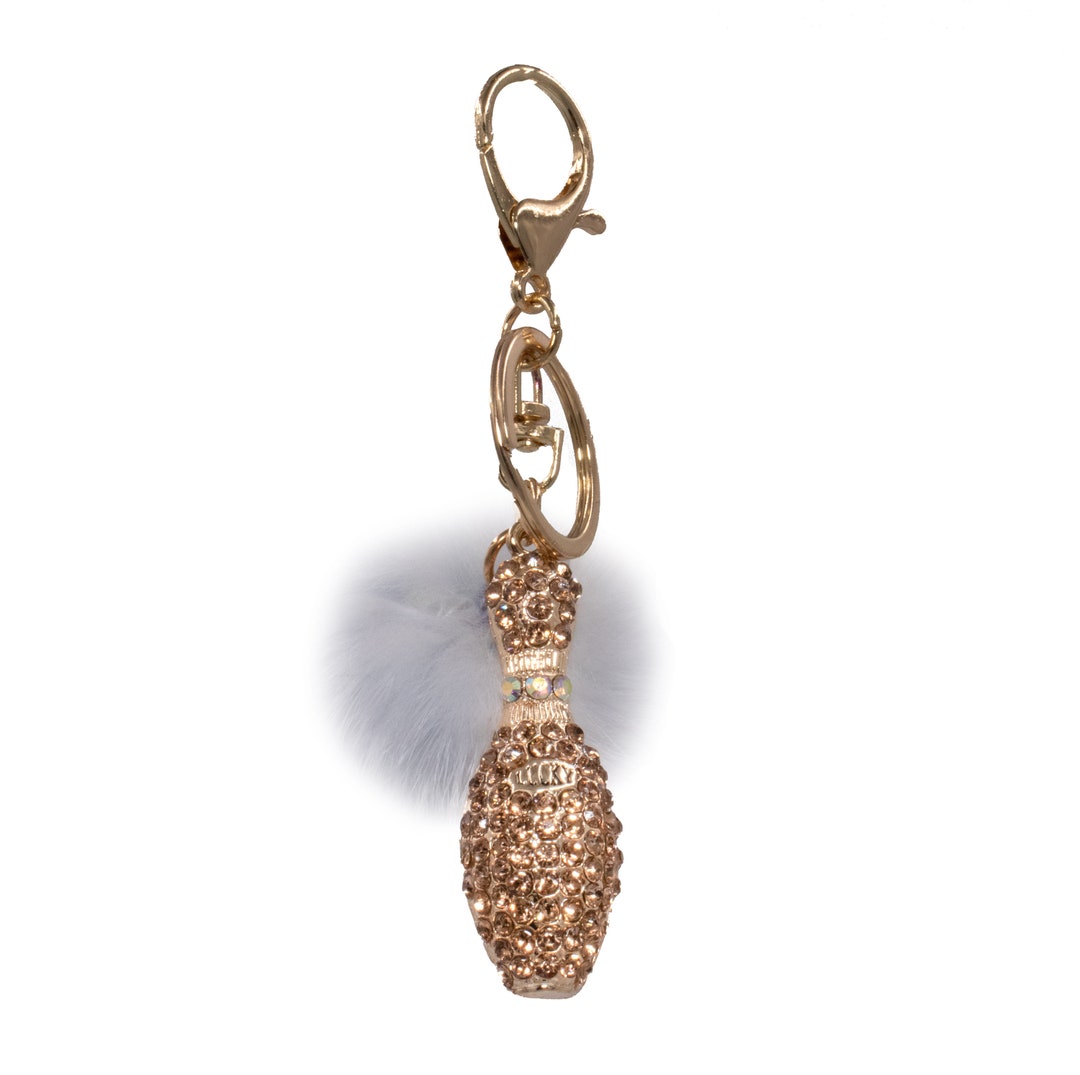 Bling Bowling Pin Keychain With Mink Pom - Luxury Purse Charm - Fluffy ...