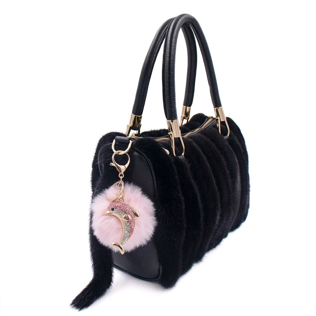 Sparkly Bling Pink Dolphin Keychain With Faux Fur Pom - Big Fluffy ...