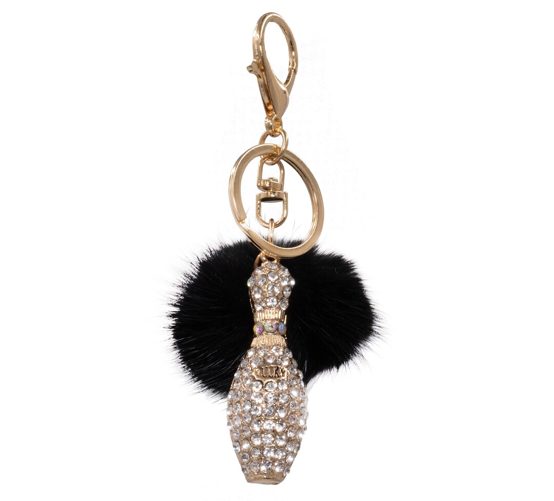 Bling Bowling Pin Keychain With Mink Pom - Luxury Purse Charm - Fluffy ...