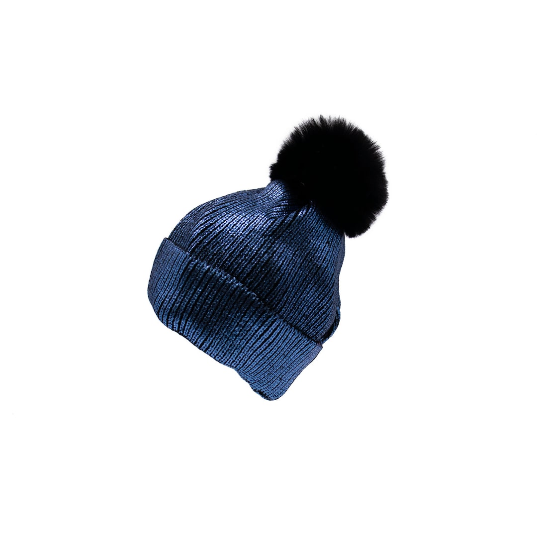 Women's Shiny Hat With Faux Rex Pom- Winter Ski Cap Beanie- Winter ...