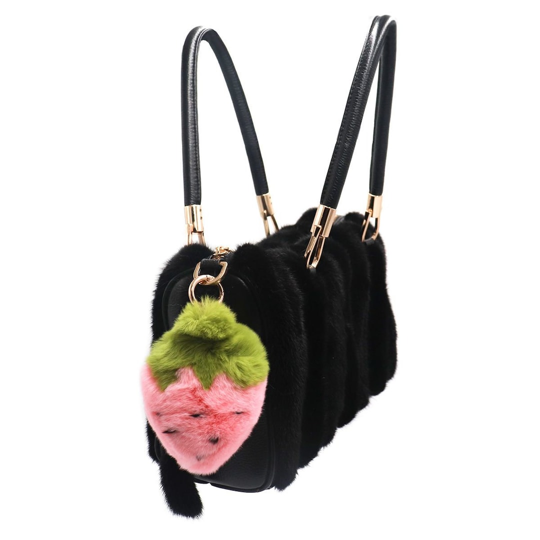 Big Plush Real Fur Strawberry Keychain - Fluffy Ball Soft Fashion Charm ...