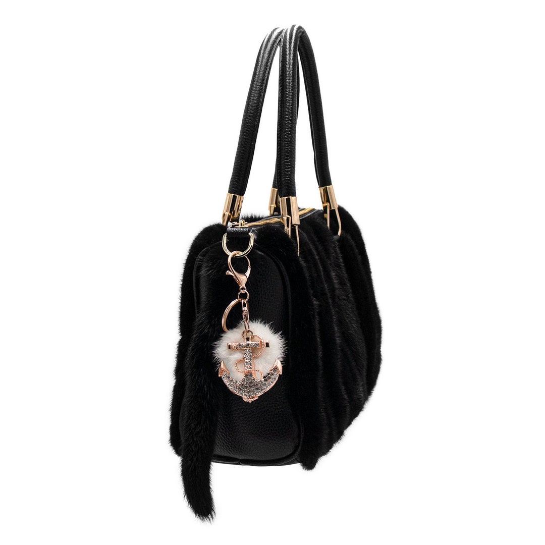Anchor Bling Keychain With Mink Fur Pom - Real Fur Pompom Ocean Sea ...
