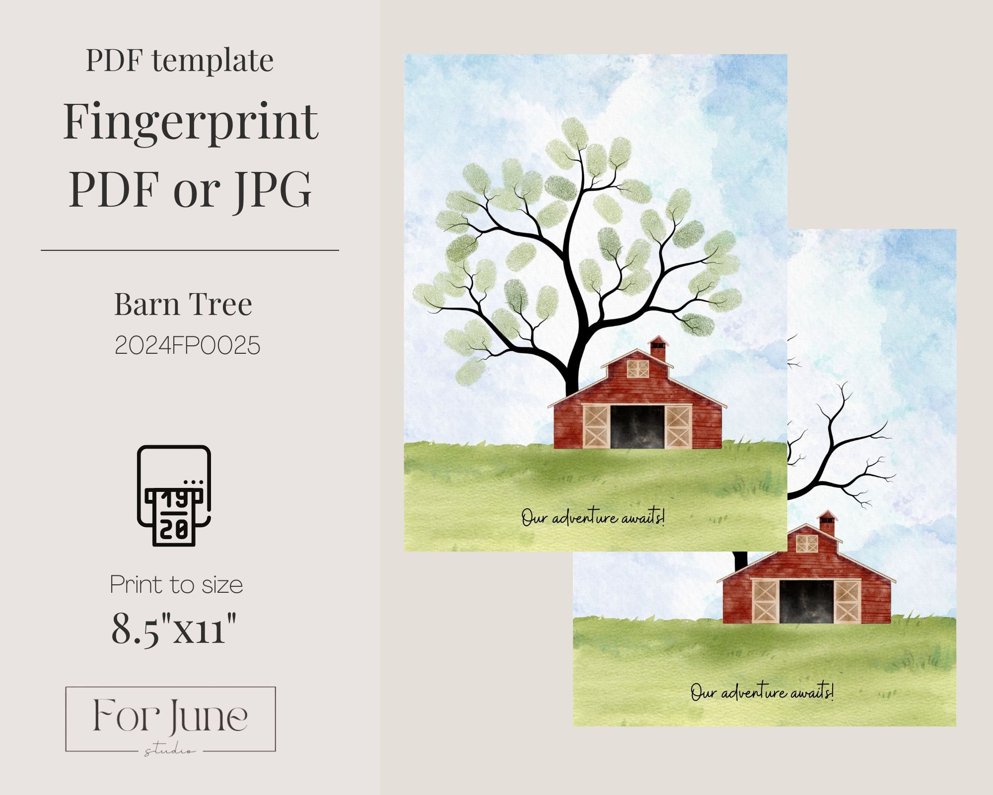 Fingerprint, Baby Shower, Barn Watercolor, Tree, US Letter, Thumbprint ...