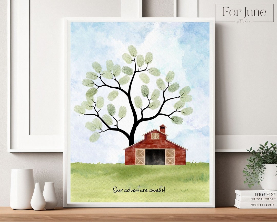 Fingerprint, Baby Shower, Barn Watercolor, Tree, US Letter, Thumbprint ...