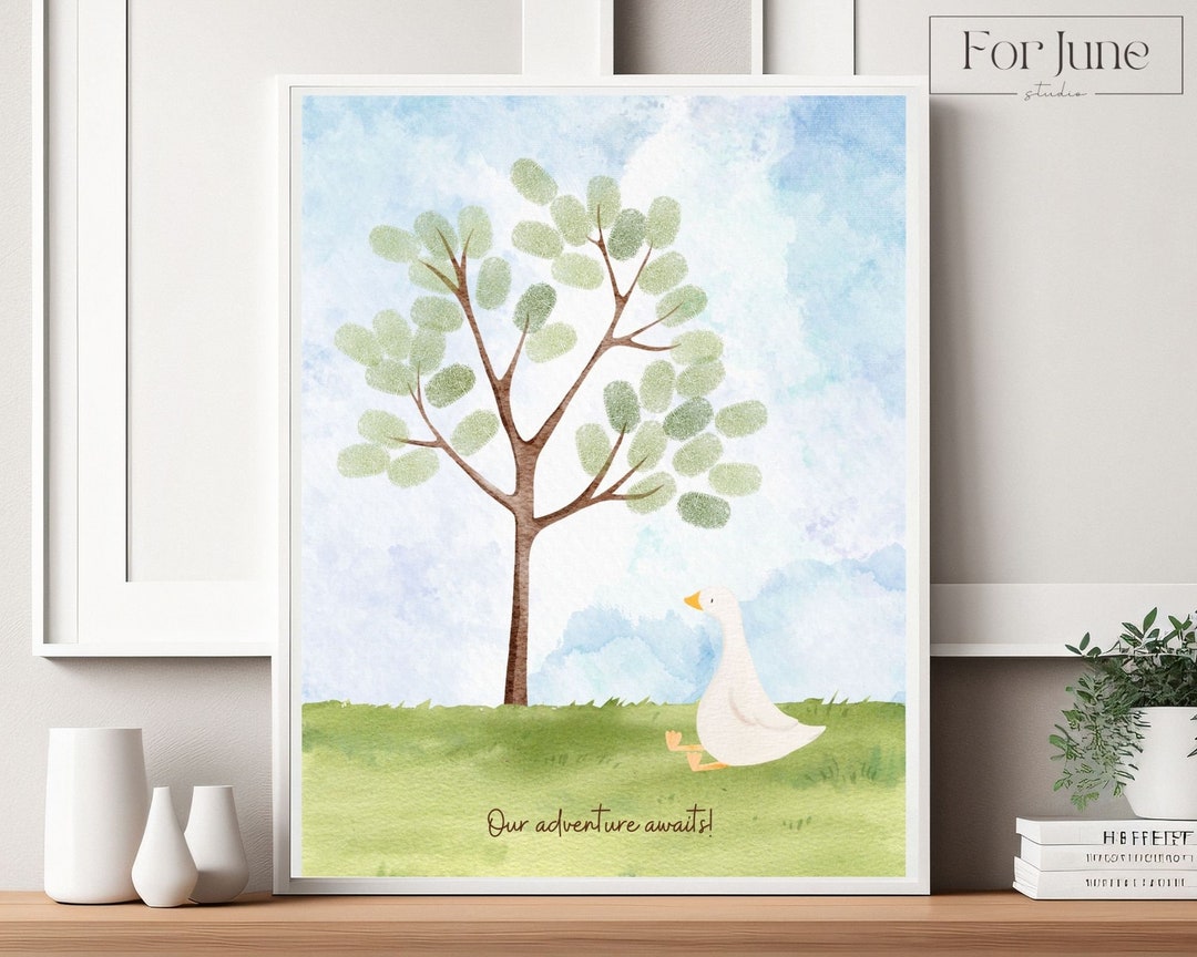 Fingerprint, Baby Shower, Goose Watercolor, Tree, US Letter, Thumbprint ...