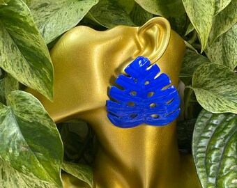 Neon Electric Blue Dots Statement Hand Painted Gold Earrings Clay ...