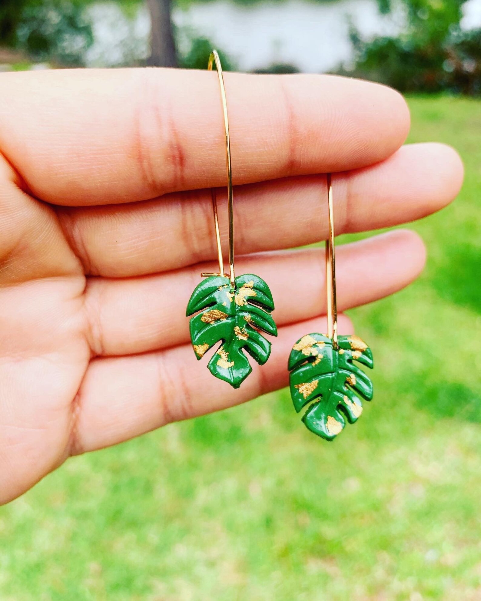 Mini Monstera Earrings Hooks Gold Silver Green - Etsy