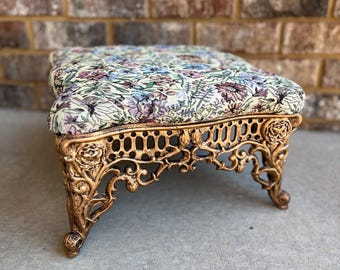 Antique Gold Cast Iron Ornate Foot Stool With Floral Upholstery - Etsy