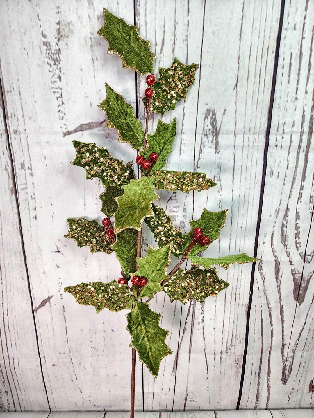 Holly Leaf Spray, Velvet Holly Leaves Wreath Decor, Tree Trimming ...
