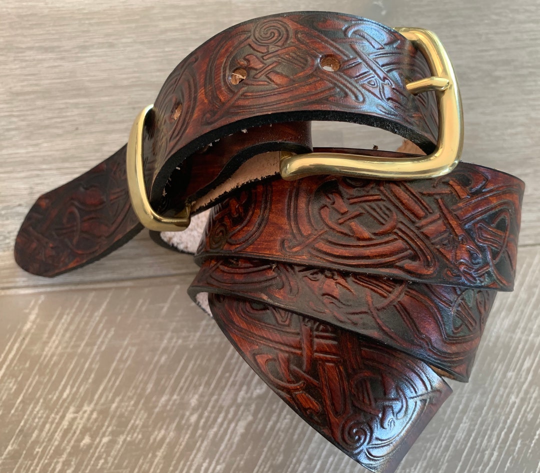 Handmade Embossed Leather Belt Full Grain - Hand Dyed, Removable Buckle ...